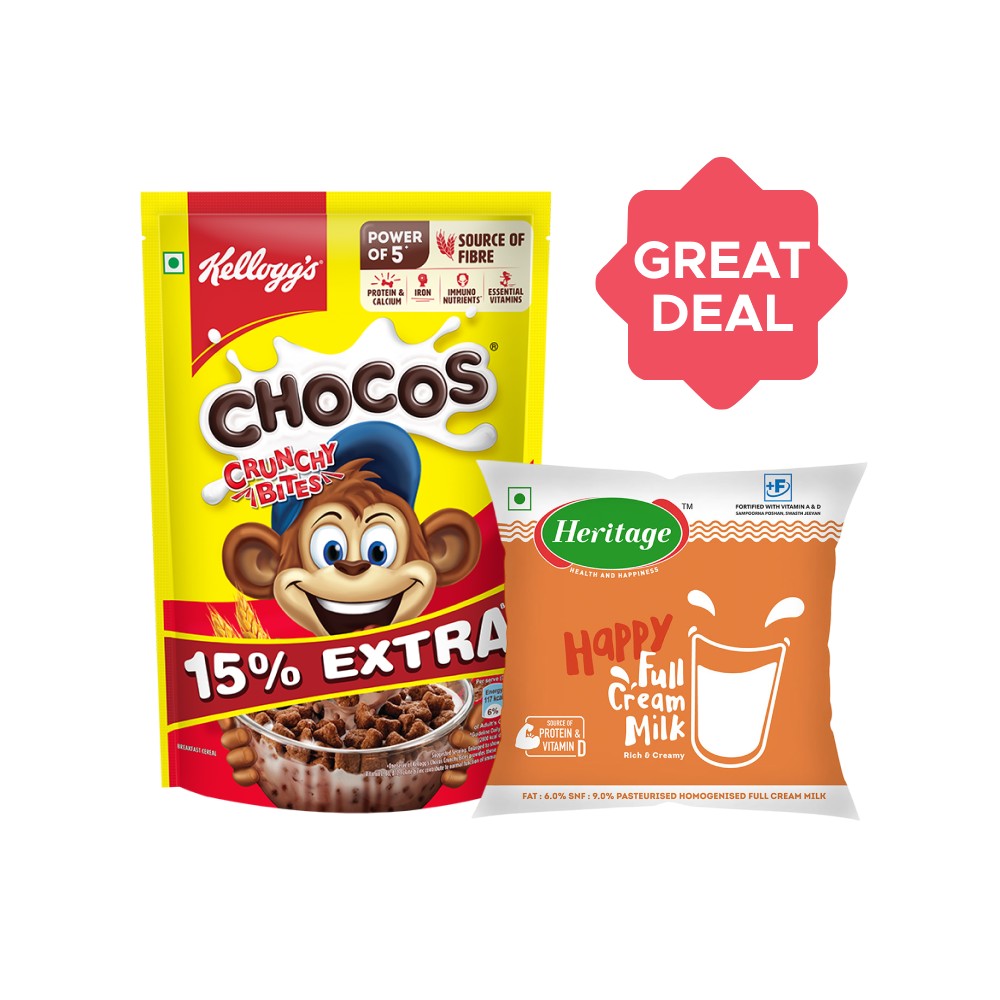 Kellogg's Chocos Crunchy Bites Kids Cereal + Heritage Full Cream Milk ...