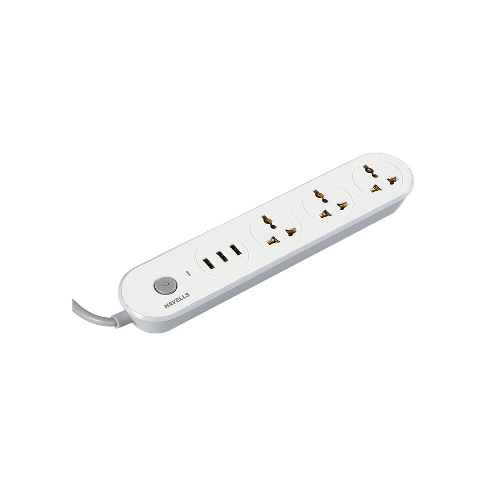 Havells 3 In 1, 240V-6A, 3-Pin USB Extension Board (1.5 meters, White ...