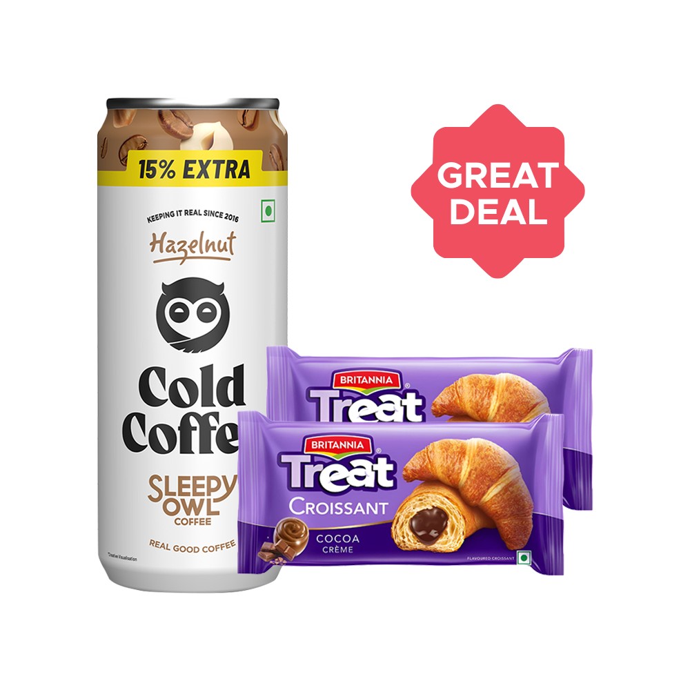 Sleepy Owl Hazelnut Cold Coffee Can + Britannia Treat Croissant - Cocoa ...