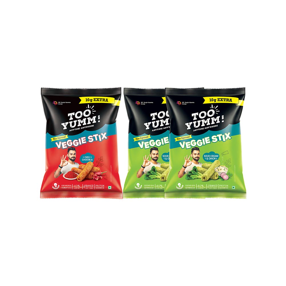 Too Yumm Veggie Stix Sour Cream & Onion Crisps x 2 + Veggie Stix Chilli ...
