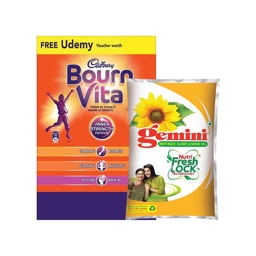 Bournvita Chocolate Drink Mix (Carton Pack) + Gemini Refined Sunflower ...