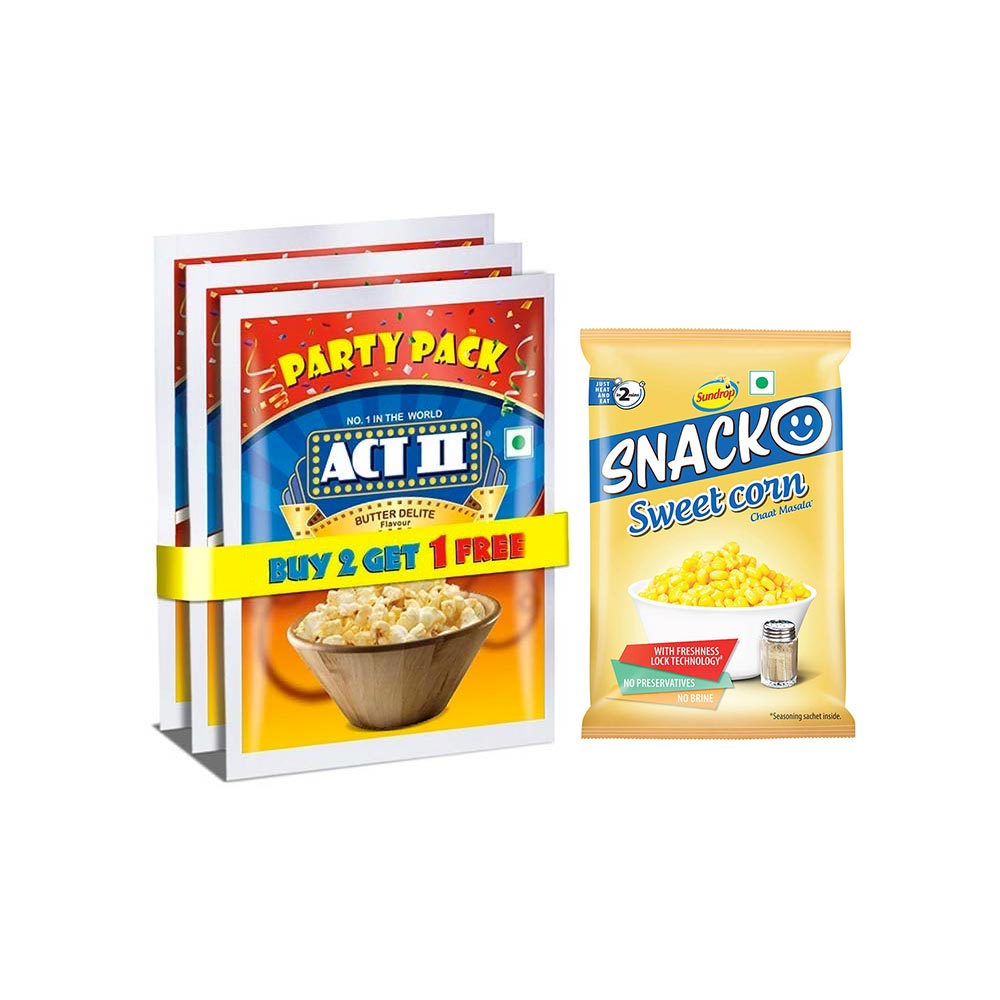 Sundrop Snacko Sweet Corn - Chaat Masala + Act II Butter Delite Instant ...