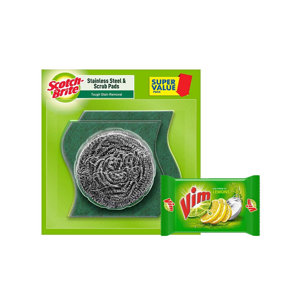 Vim Lemon Dishwash Bar (300 g) + Scotch Brite Stainless Steel Scrubber ...