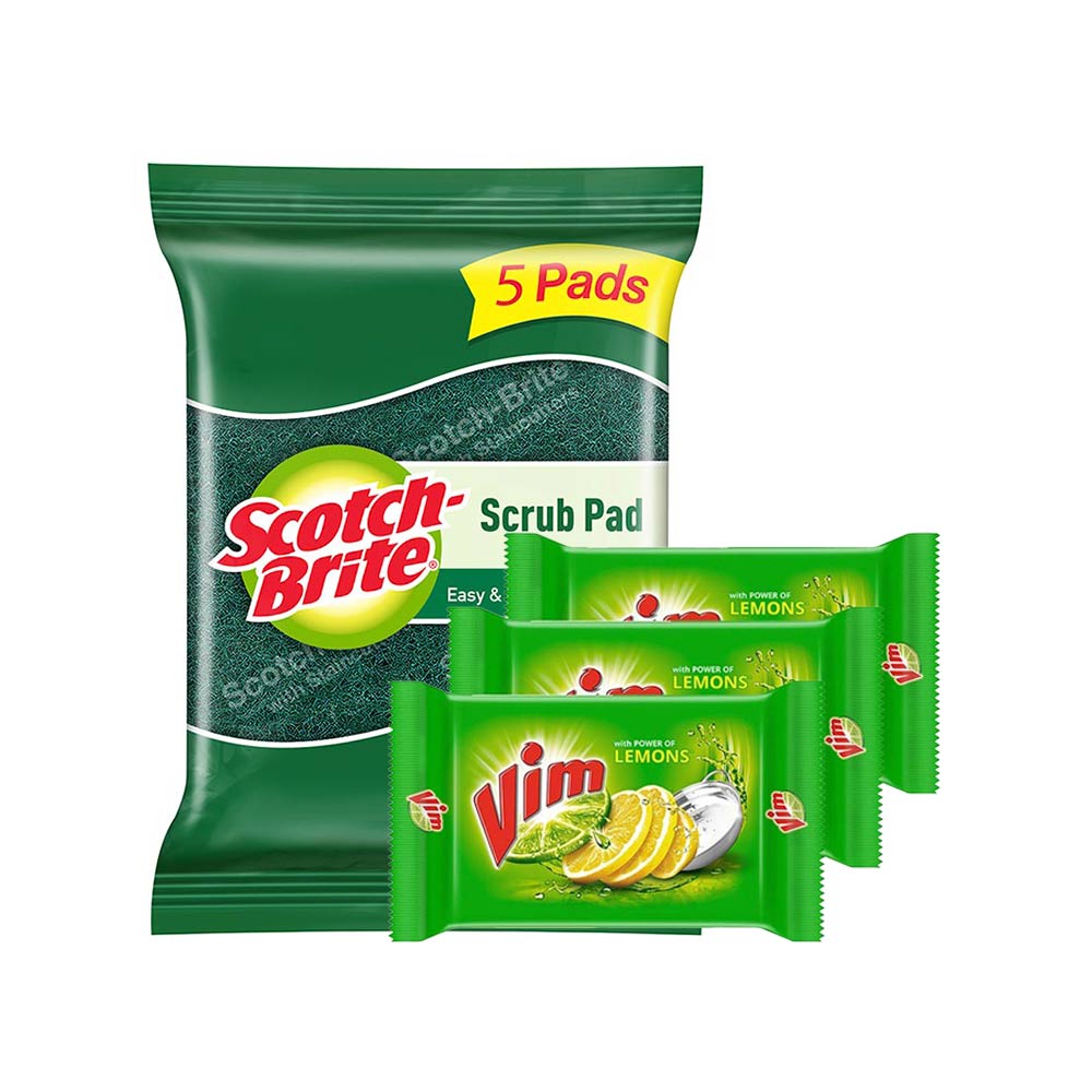 Vim Lemon Dishwash Bar (200 g) - Pack of 3 + Scotch Brite Scrub Pad ...