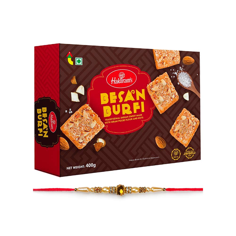 Golden Beads Rakhi By Vaibhavi + Besan Burfi by Haldiram's Combo Price ...