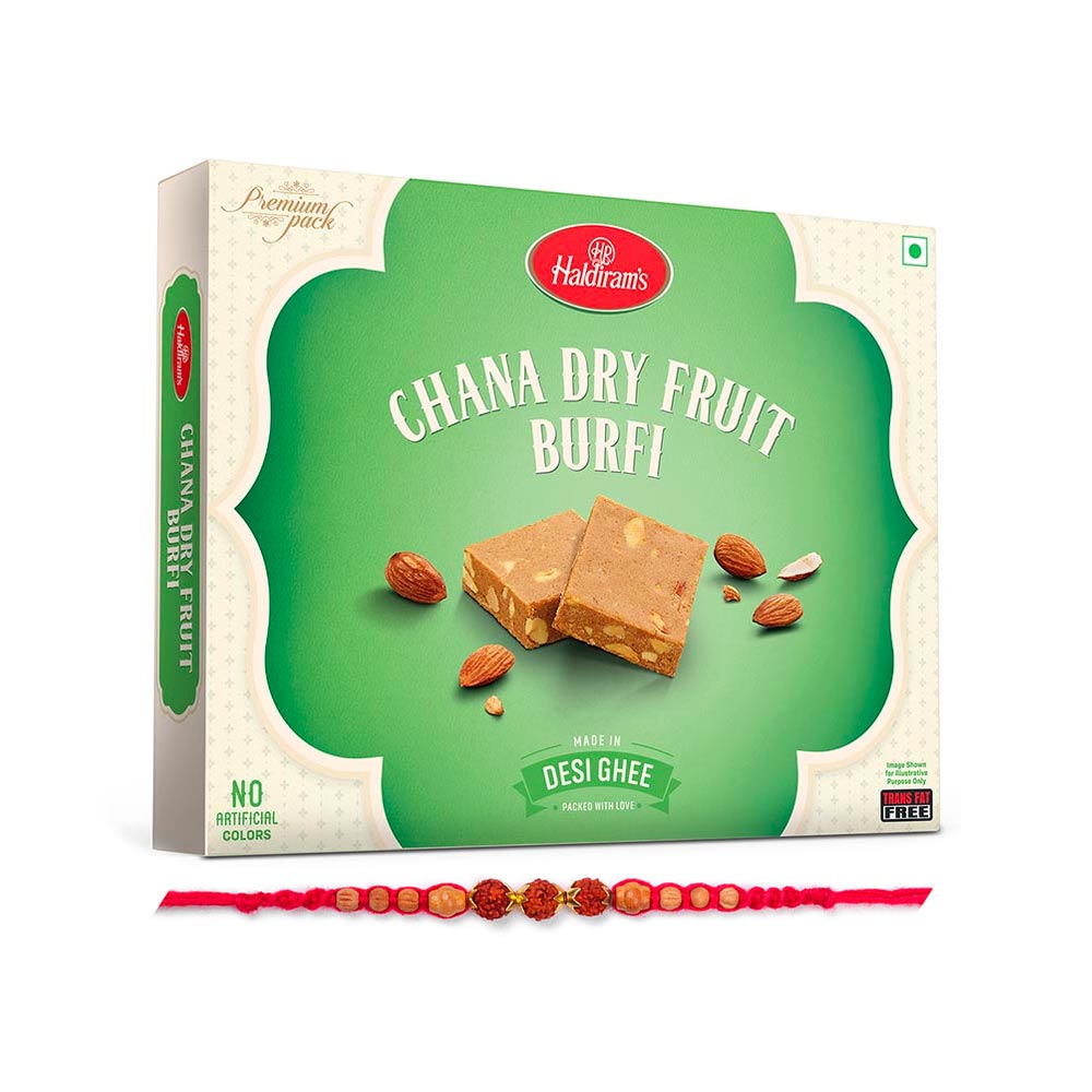Chana Dry Fruit Burfi by Haldiram's + Rudraksh and Chandan Rakhi ...