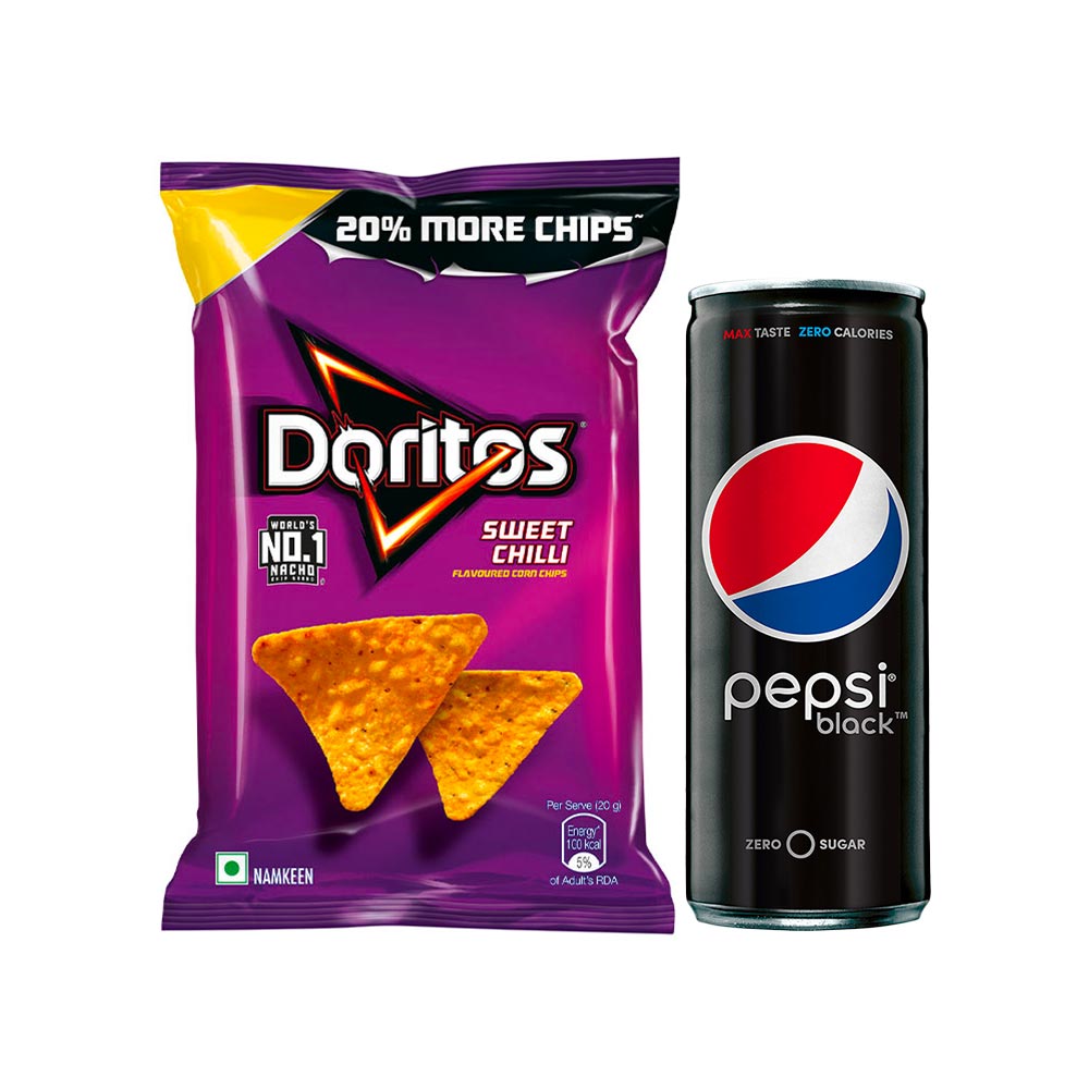 Pepsi Black Zero Sugar Diets & Lights + Doritos Sweet Chilli Flavour ...