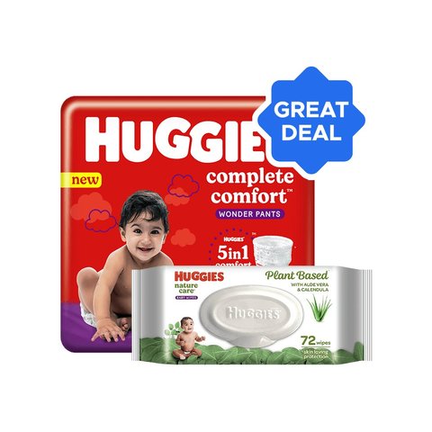 Huggies Wonder Pants Diaper (L) + Huggies Nature Care Baby Wipes Combo ...