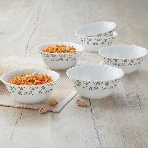 Larah by Borosil Spiral Opalware Bowl Set (White & Grey, 210 ml, 6 pcs ...