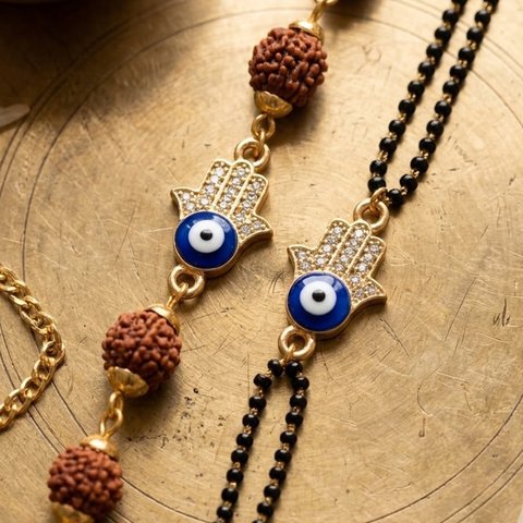 trueBrowns Evil Eye Bhaiya Bhabhi Bracelet Rakhi Set (Blue, Golden ...