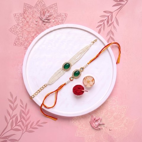 Panash Kundan & Pearls Bhaiya Bhabhi Rakhi Set With Roli Chawal (Golden ...