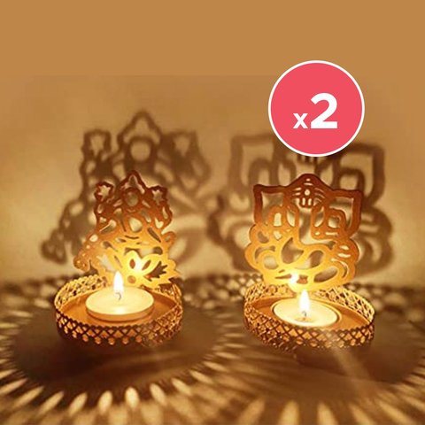 Metal Lakshmi Ganesh Design Candle Holder (Golden) by Satvik - Pack of ...