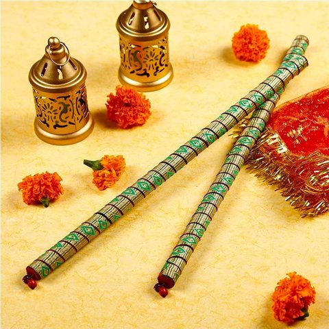 Decorated Navratri Special Dandiya Set (Green, Golden) - Wingz Price ...