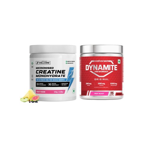 Wellcore Micronised Creatine (Fruit Fusion) + Dynamite Pre Workout ...