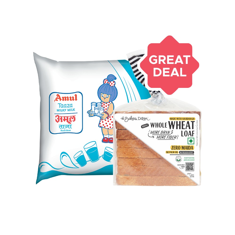 The Baker's Dozen 100 % Whole Wheat Bread + Amul Taaza Toned Milk Combo ...