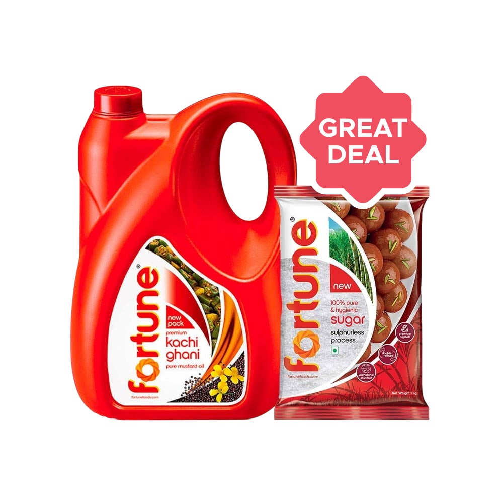 Fortune Premium Kachi Ghani Pure Mustard Oil + Sulphurless Sugar Combo ...