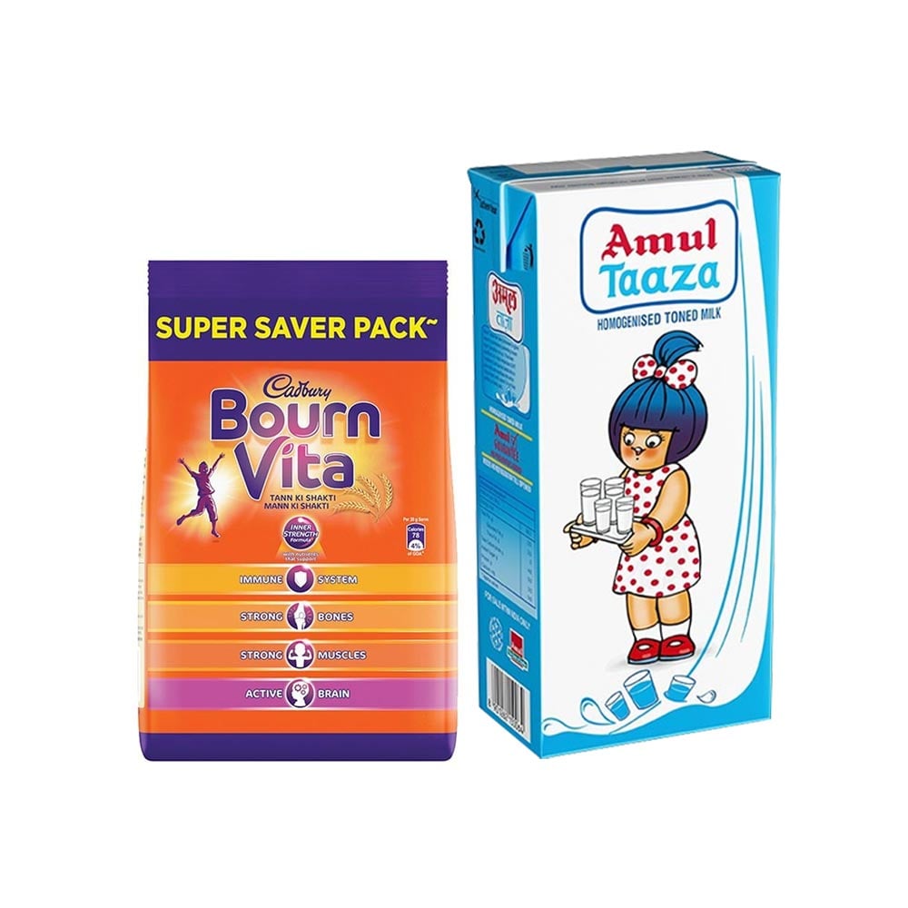 Amul Taaza Homogenised Toned Milk + Bournvita Chocolate Drink Mix ...