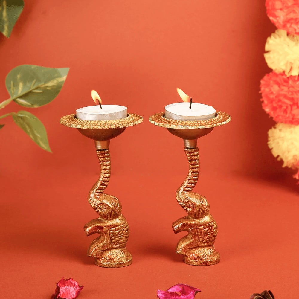 Elephant Standing Shaped Tealight & Candle Holder (Golden) - Satvik ...