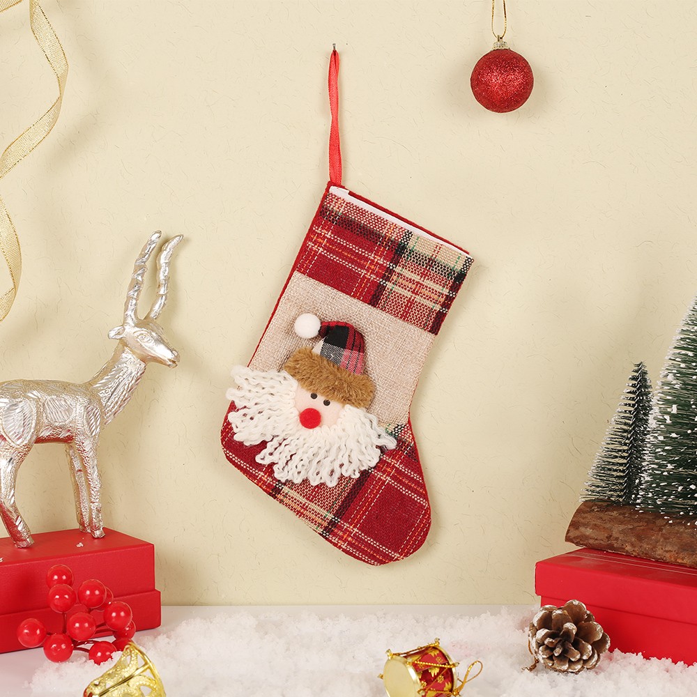 Plaid Hanging Christmas Stocking with Cute Santa Face - Toyshine Price ...