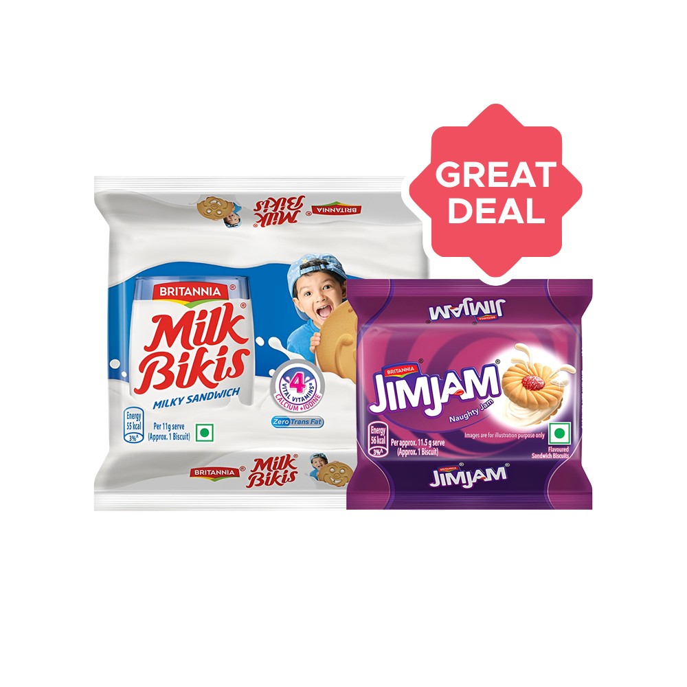 Britannia Milk Bikis Milk Sandwich Cream Biscuits + Britannia Treat Jim ...