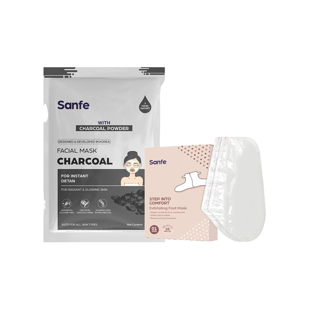 Sanfe Exfoliating Foot Mask + Instant Detan Charcoal Face Sheet Mask ...