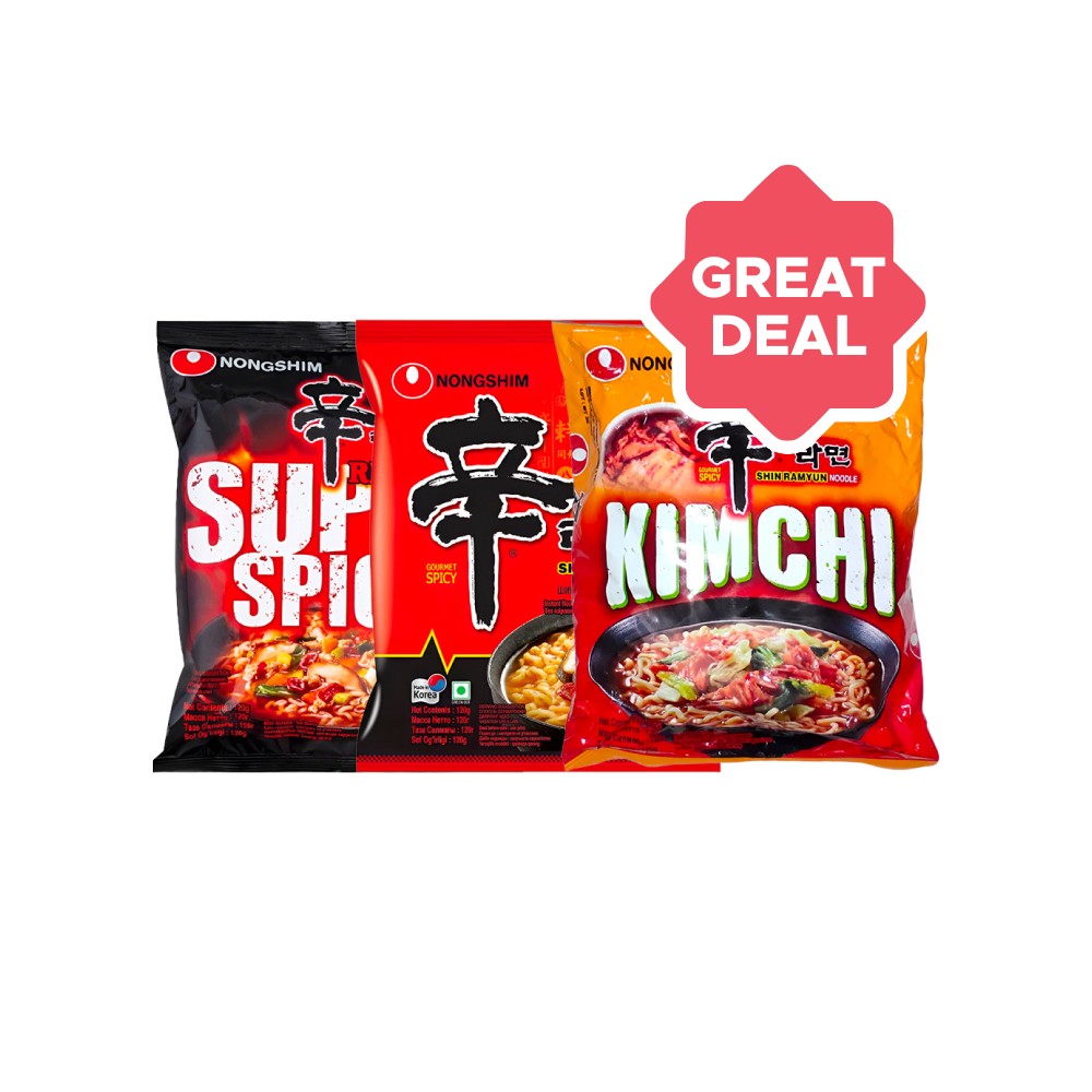 Nongshim Shin Red Super Spicy Noodles + Shin Ramyun Spicy Flavoured ...