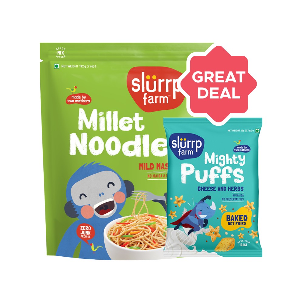 Slurrp Farm Mild Masala Millet Noodles + Mighty Munch Cheese and Herbs ...