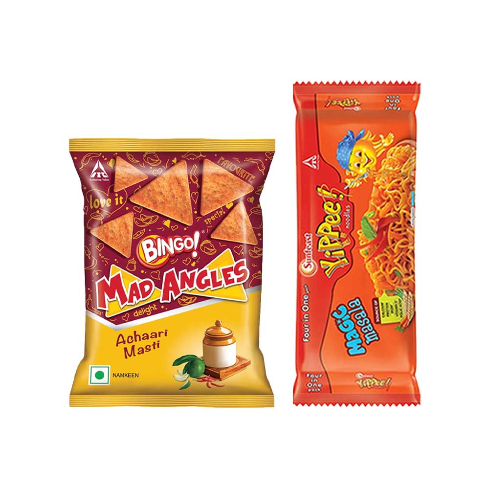 Bingo Mad Angles Achaari Masti Crisps + Yippee Magic Masala Instant ...