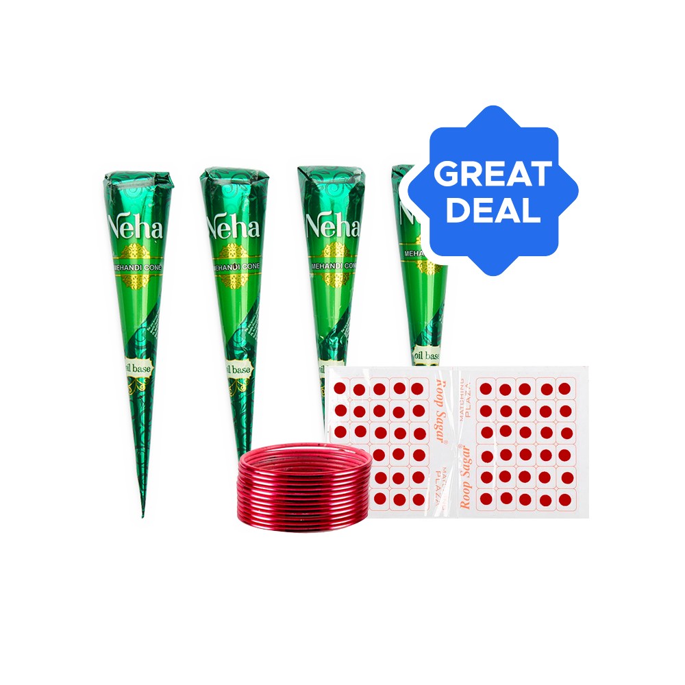 Neha Mehendi Cone Infused with Oil + Roop Sagar Bindi (4 mm, Maroon ...