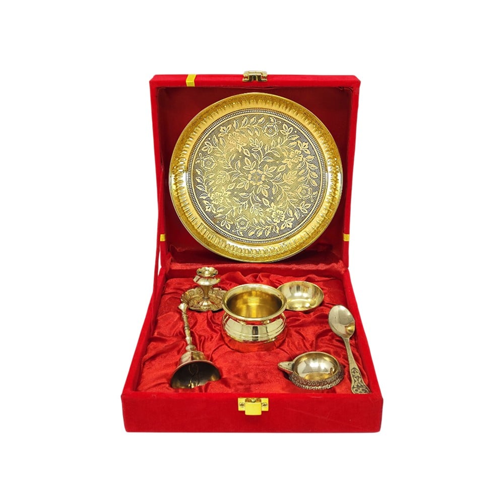 Brass Pooja Thali Set with Red Gift Box by Bengalen Price - Buy Online ...