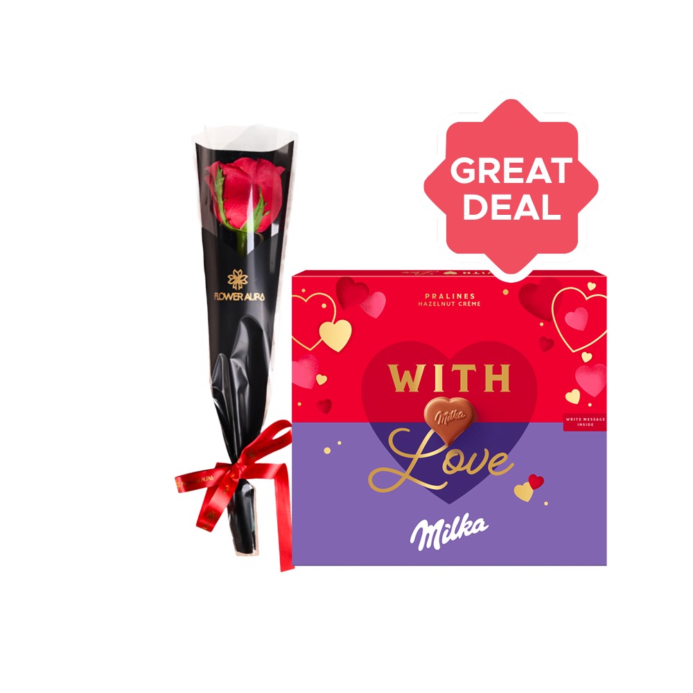 Milka Pralines Chocolate Gift Pack + FlowerAura Rose Eternal Single ...