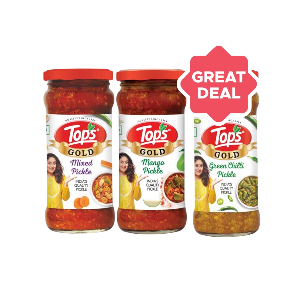 Tops Gold Mixed Pickle + Tops Gold Green Chilli Pickle + Tops Gold ...