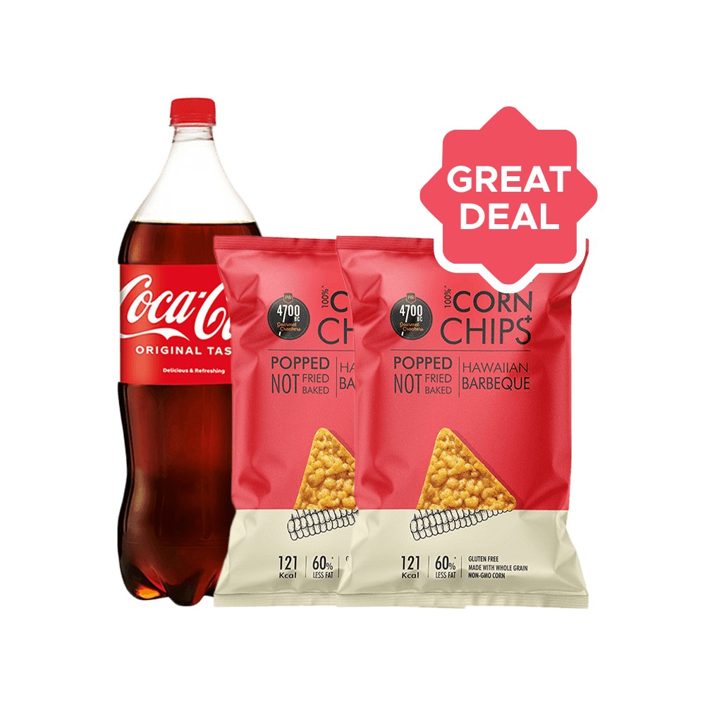 Coca-Cola Cola Soft Drink + 4700BC Hawaiian Barbeque Corn Popped Chips ...