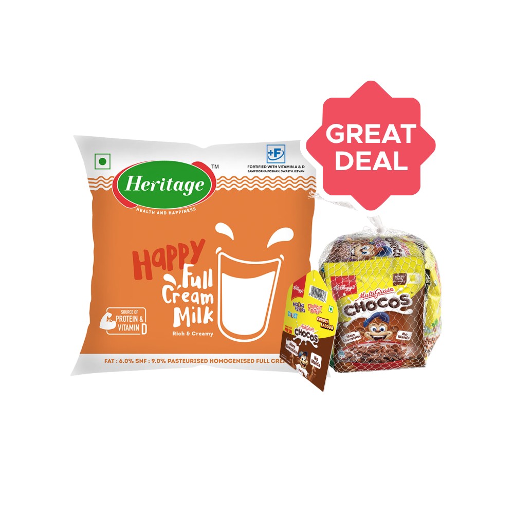 Heritage Full Cream Milk + Kellogg's Chocos Chocos Multigrain Variety ...