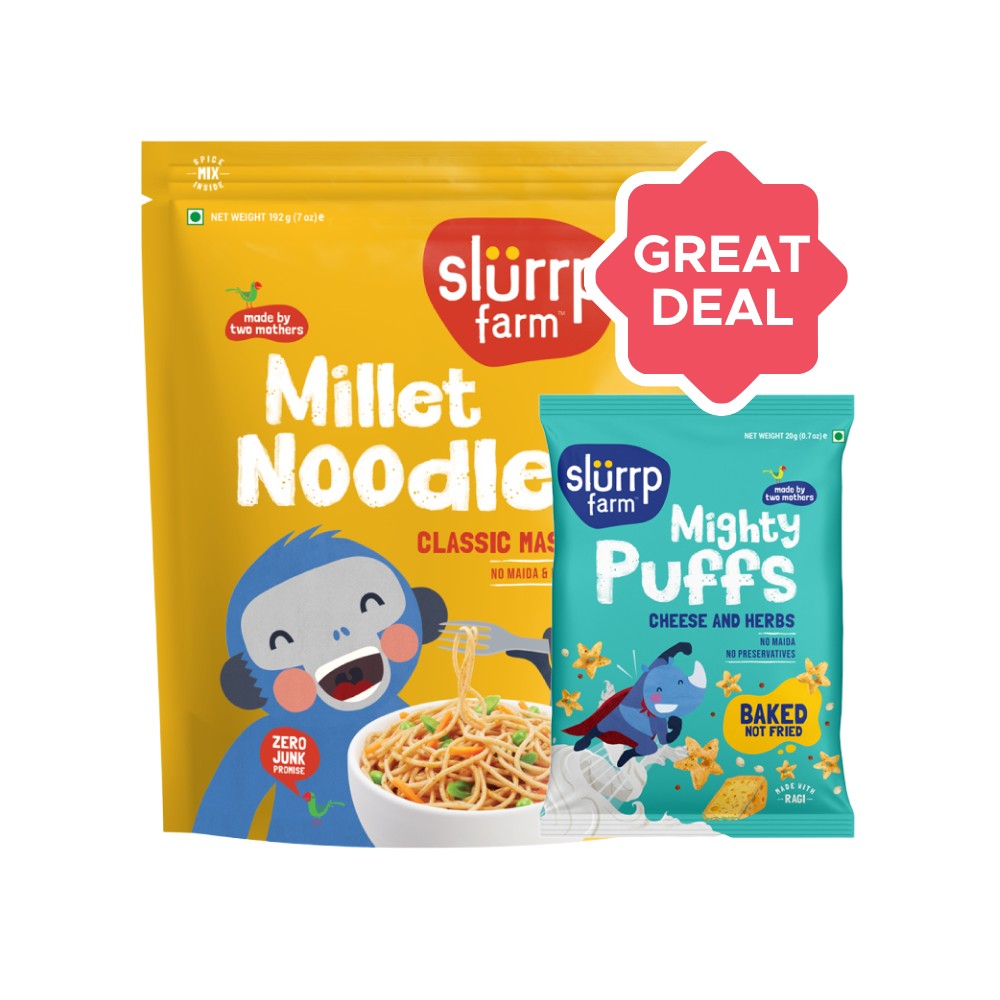 Slurrp Farm Classic Masala Foxtail Millet Noodles + Mighty Munch Cheese ...