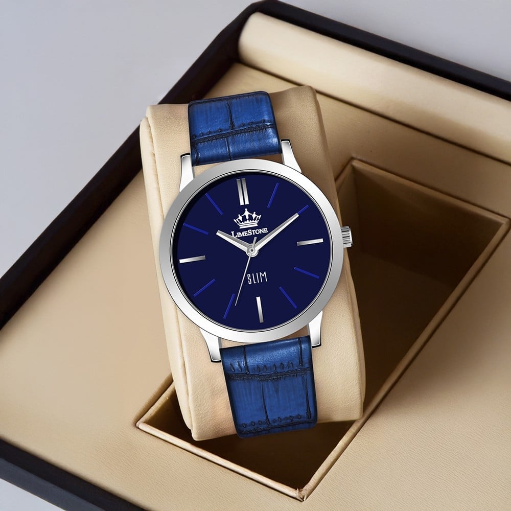 Limestone Analog Watch (Quartz, Dark Blue, PU Leather/Faux Leather ...