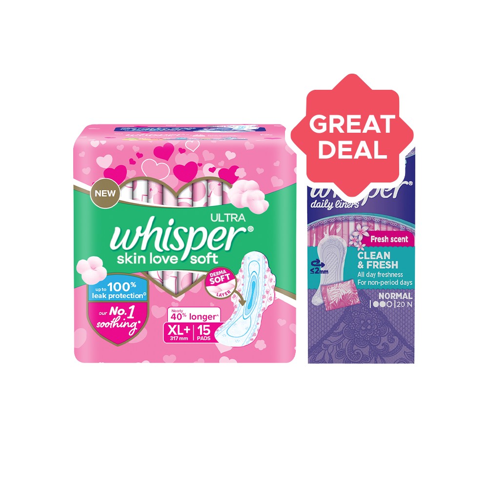 Whisper Ultra Skin Love Soft Sanitary Pads (XL+ Wings) + Daily Liners ...