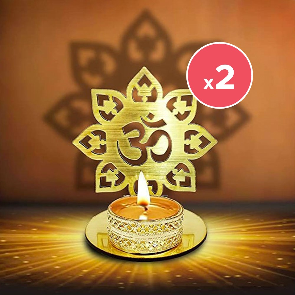 Om Design with Plate Candle Holder (Golden) by Satvik - Pack of 2 Price ...