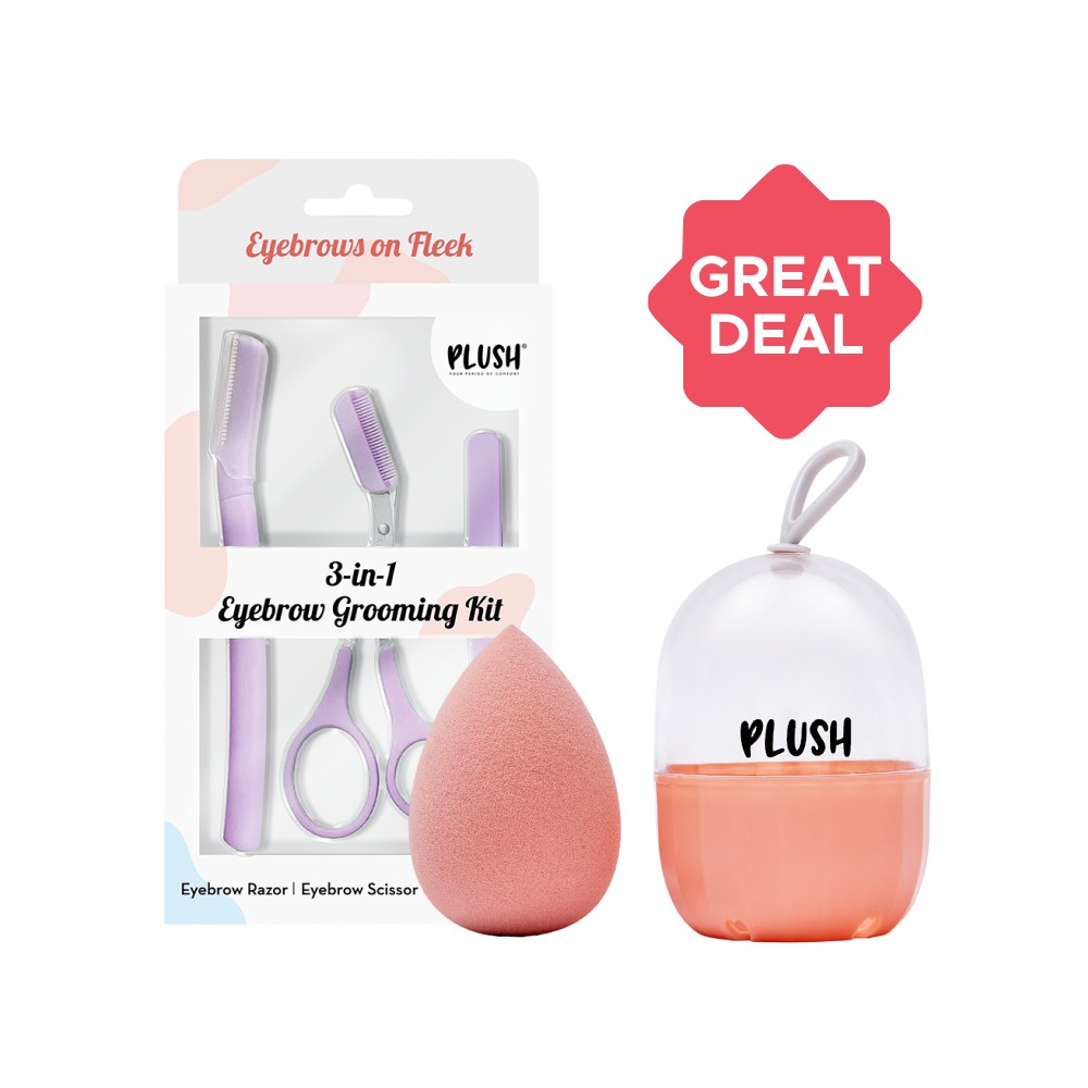 Plush 3-in-1 Eyebrow Women's Grooming Kit + Peachy Puff Beauty Blender ...