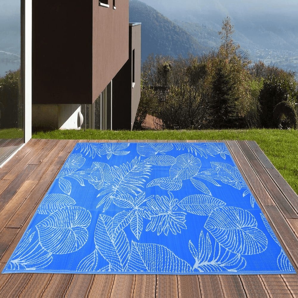 Tinums Leaf Design Floor Mat (48" x 72", Polypropylene, Blue, White ...
