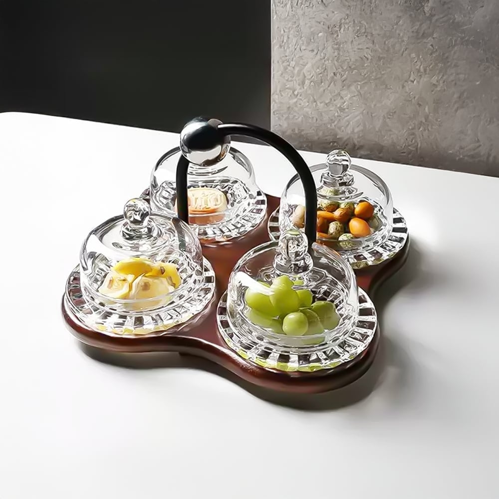 HomeEssentials Glass Elegant Multi-Dome Serving Tray with Wooden Base ...