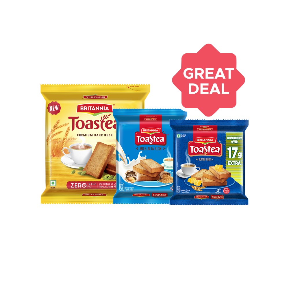 Britannia Toastea Premium Bake Rusk (250 g) + Toastea Milk Atta Rusk ...
