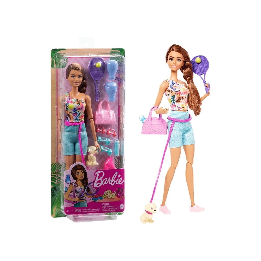 Barbie Barbie Brunette Doll Workout Theme with Puppy & Accessories ...
