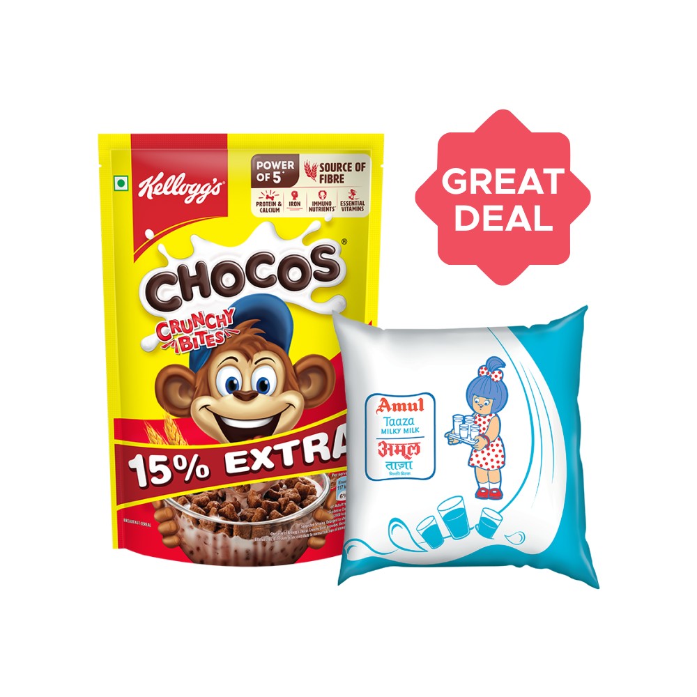 Kellogg's Chocos Crunchy Bites Kids Cereal + Amul Taaza Toned Milk ...