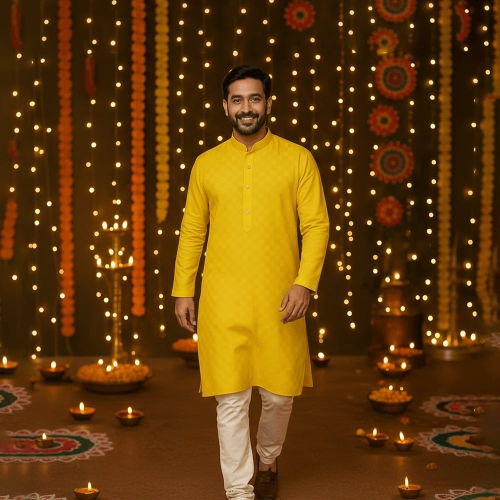 Mad Over Print Block Print Men's Kurta (Yellow) Price - Buy Online at ...