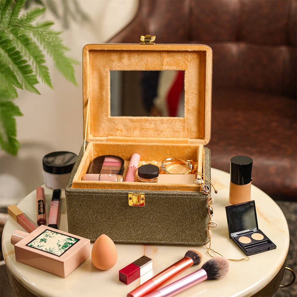 Birch & Co. Makeup/Vanity Organiser Box – Wood & Vegan Leather (Golden ...