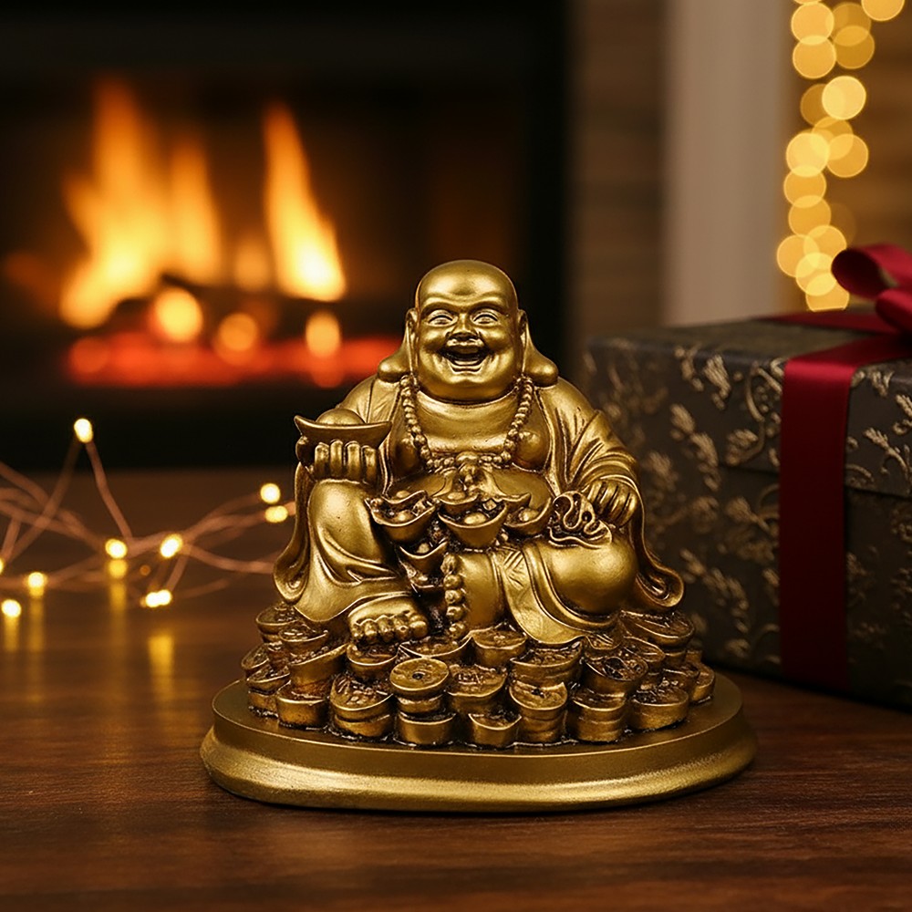 Hindcraft Laughing Buddha Good Luck Showpiece (5" x 5" x 5", Golden ...